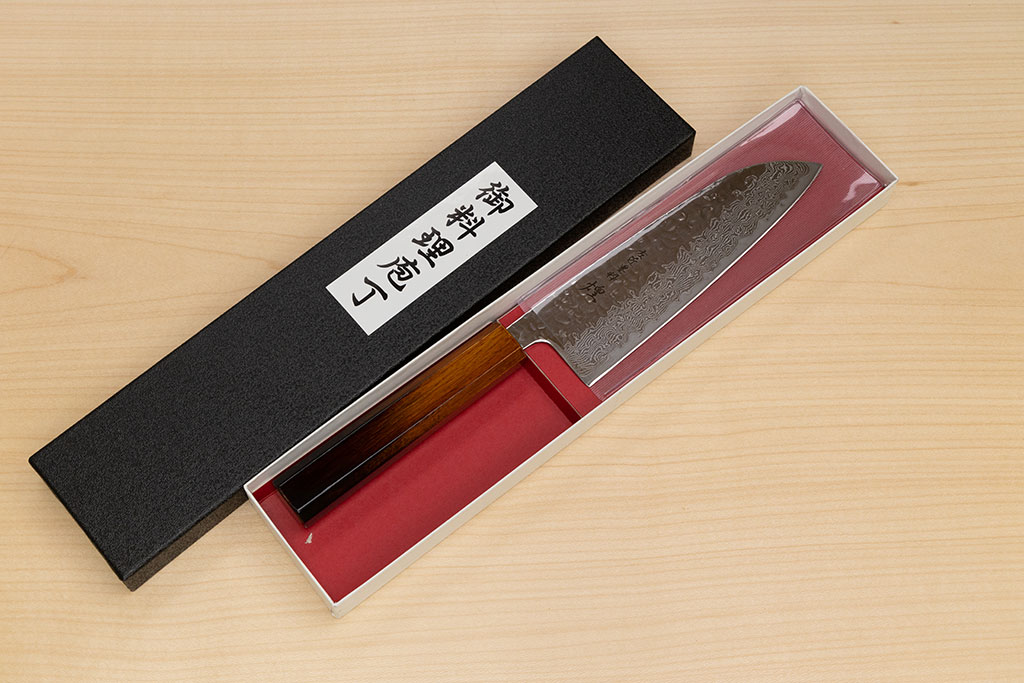 Hokiyama Sakon AUS10 Hammered shiny Damascus 165mm (6.5") Santoku knife ...