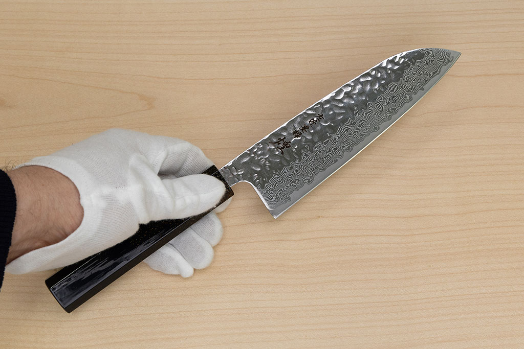 Hokiyama Sakon AUS10 Hammered shiny Damascus 165mm (6.5") Santoku knife ...